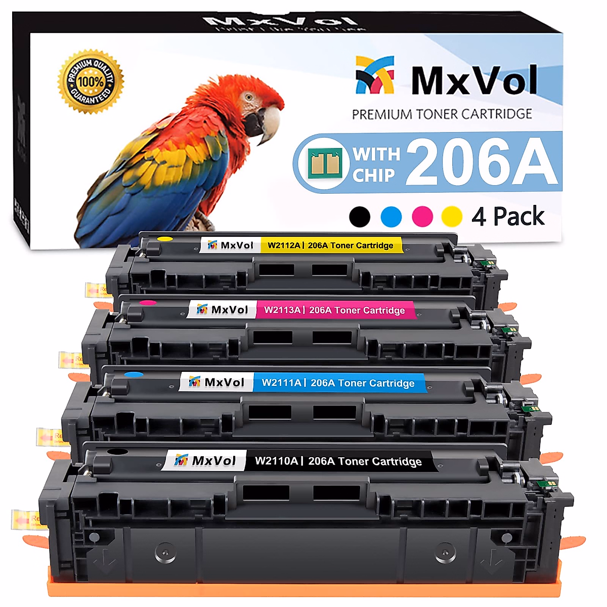 MxVol 206A Toner Cartridges 4 Pack【Pantented Chip】 Compatible Replacement for HP 206A 206X W2110A W2110X for Laserjet Pro MFP M283fdw M283cdw M255dw M282nw M283 M255 M282 Series Printer Ink (4 Pack)