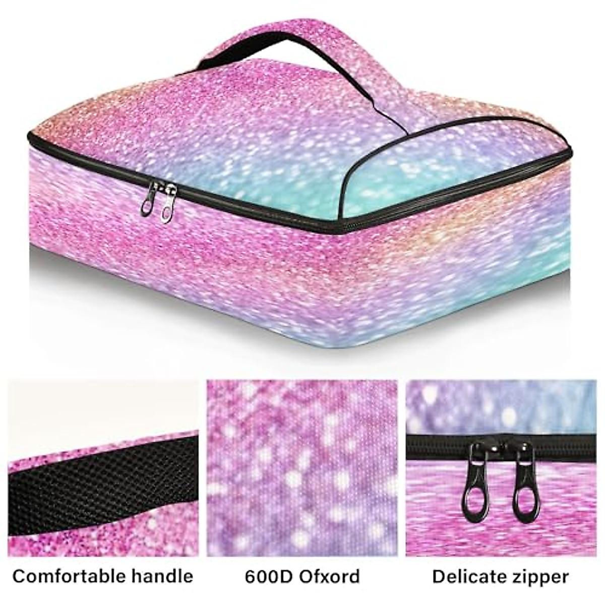Kcldeci Insulated Thermal Food Carrier Insulated Casserole Carrier for Hot or Cold Food,Fun Rainbowcolor Glitter Sparkle Insulated Tote Bag for Potluck Cookouts Parties Picnic,Lasagna Lugger