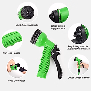 Expandable Garden Hose 50FT, Lightweight Water Pipe Water Hose with 7 Function Spray Nozzle, Portable Retractable Hose for Garden Yard Cleaning, Green