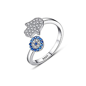 EVBEA Evil Eye Bracelet and Ring Set Evil Eye Ring Cubic Zirconia Adjustable Open Hamsa Ring for Ring Size 6-8