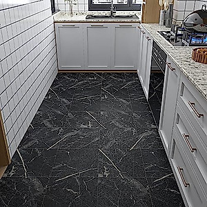 VaryStyle 20 Pack Black Marble Peel and Stick Waterproof Vinyl Floor Tiles 12"x12" Self Adhesive Removable Sticky Tiles for Kitchen Bathroom Bedroom Floor Walls