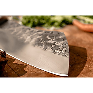Norse Tradesman Chef & Cleaver Hybrid Knife - 7.5" Razor Sharp Kitchen Knife – Genuine Cowbone Accented Handle with Celtic Knot Engravings – Artisan Forged