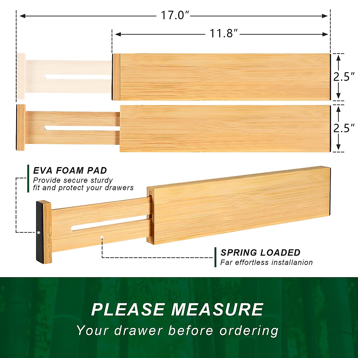 4 Pack Bamboo Drawer Dividers, Adjustable Length from 12 Inch to 17 Inch, Expandable Kitchen Drawer Organizer, Drawer Organization Separators for Clothes, Kitchen, Bedroom, Dresser, Office (Beige)