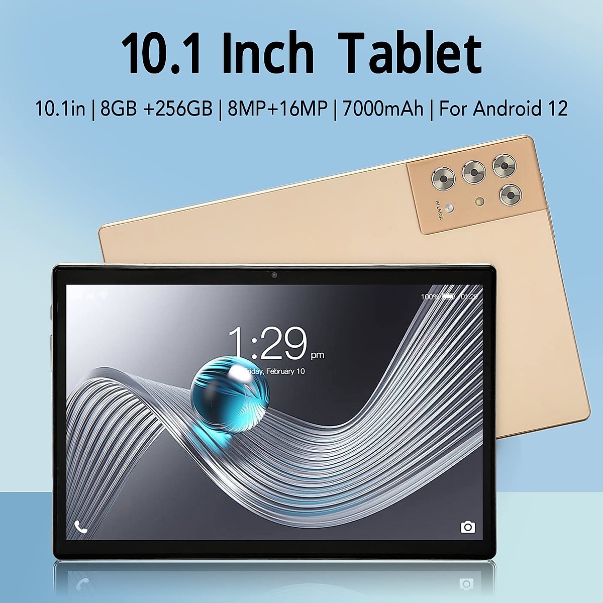 Zunate Android 12 Tablet, 10.1 inch WiFi Tablets 8GB RAM 256GB ROM, Quad Core Processor Tableta Computer with Dual Camera, 7000mAh Battery, 1960x1080 FHD Touchscreen
