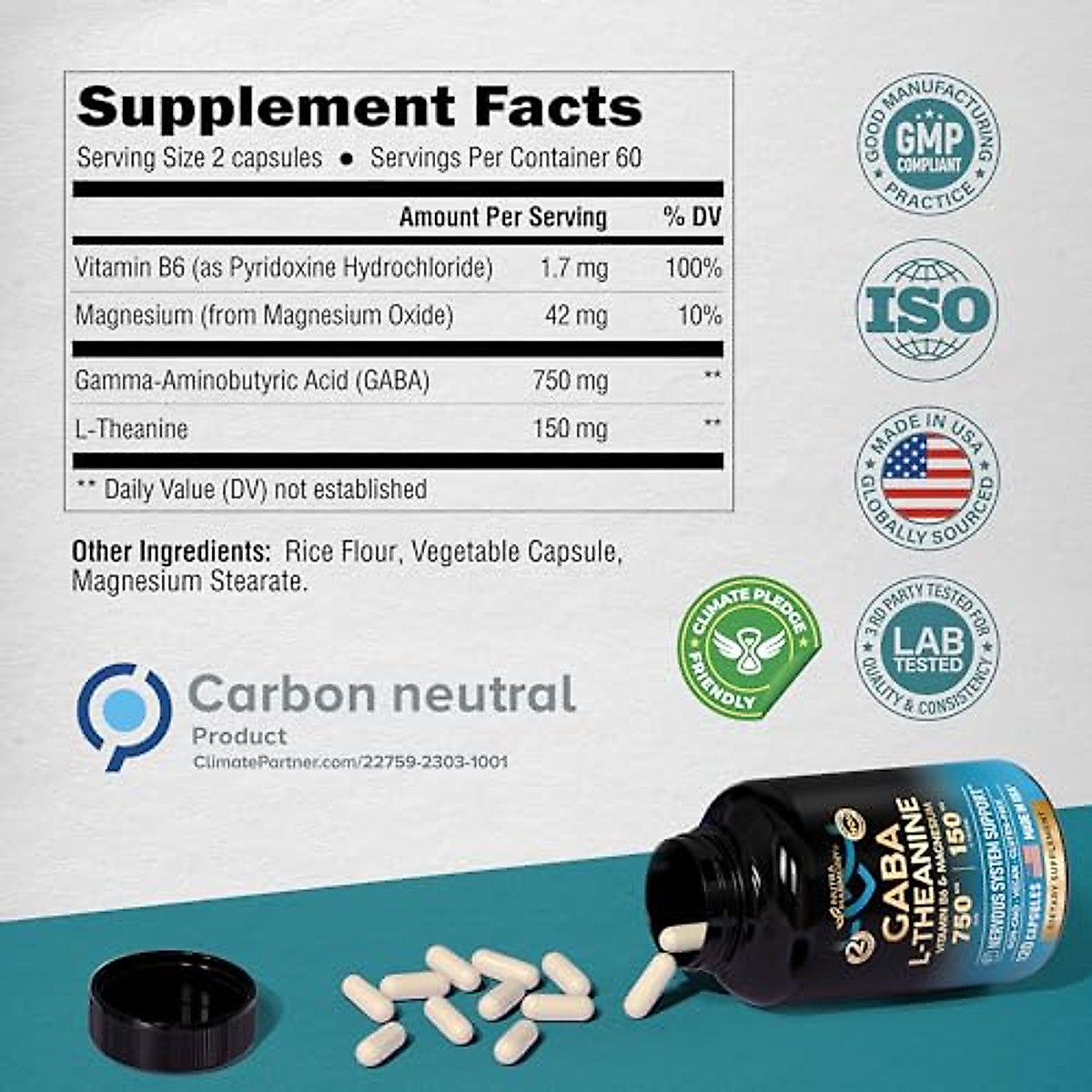 GABA L-Theanine 900 mg - Made in USA - Magnesium | Vitamin B6 - Calm, Sleep, Relaxation & Mood Support - 750 mg Gamma AminoButyric Acid, 150 mg L-Theanine - Non-Habit Forming, Vegan - 120 Capsules