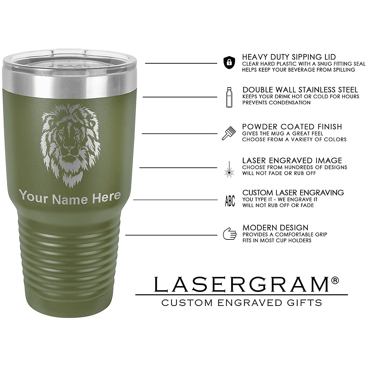 LaserGram 30oz Vacuum Insulated Tumbler Mug, King Crown, Personalized Engraving Included (Camo Green)