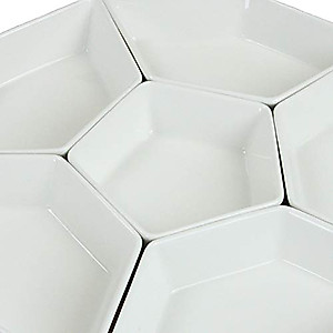 Elama Ceramic Stoneware Condiment Appetizer Set, 7 Piece, Geometric Round in White and Natural Bamboo