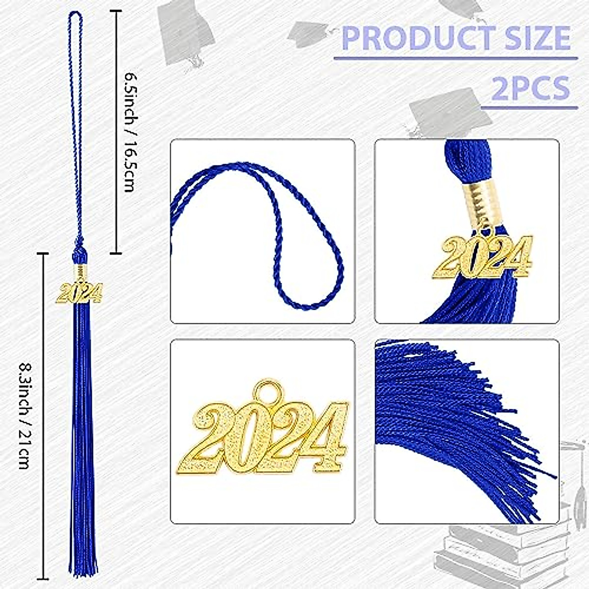 2 Pieces 2024 Graduation Tassel, Blue 2024 Tassel Graduation, Tassel for Graduation Cap 2024 Tassel Charm, Class of 2024 Tassel Graduation Regalia Honor Cords Graduation 2024 Year Gold Date Charm
