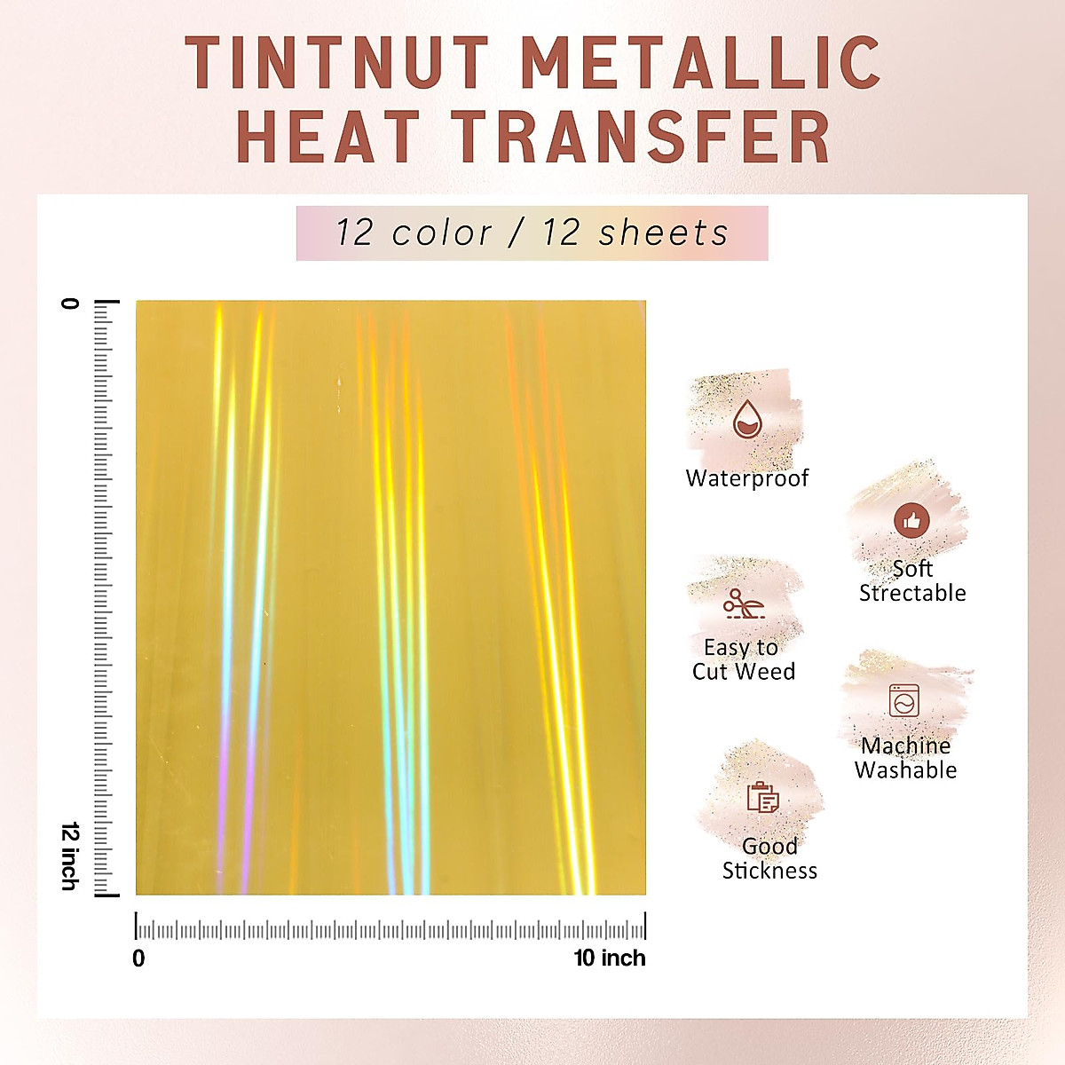 Tintnut Metallic Heat Transfer Vinyl Bundle Chrome HTV Vinyl,12 Sheets 12"x 10" Foil Holographic Gold Iron On Vinyl for Compatible with Cricut or Silhouette Cameo