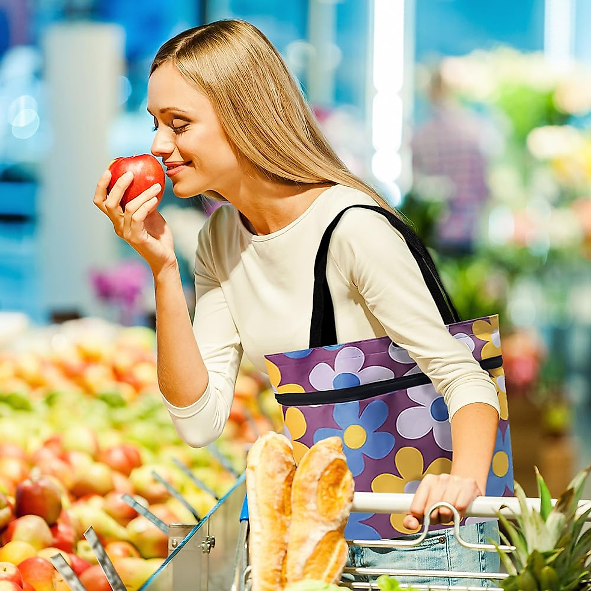 YASYU Folding Shopping Bag With Wheels, Purple Flower, Unisex Adult, Utility Cart Wagon
