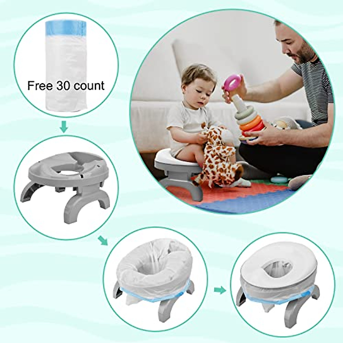 BATTOP Portable Potty for Toddler Travel Potty Training Seat Kids 2-in-1 Potty Chair Foldable Toilet Trainer with Potty Liners and Carry Bag (2-in-1 Potty seat) grey/white-2022