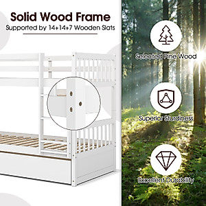 Giantex Twin Over Twin Bunk Bed with Trundle, Convertible Platform Bed Frame with Ladder & Solid Wood Frame, Space-Saving Bunk Bed for Teens & Adults, No Box Spring Needed, White