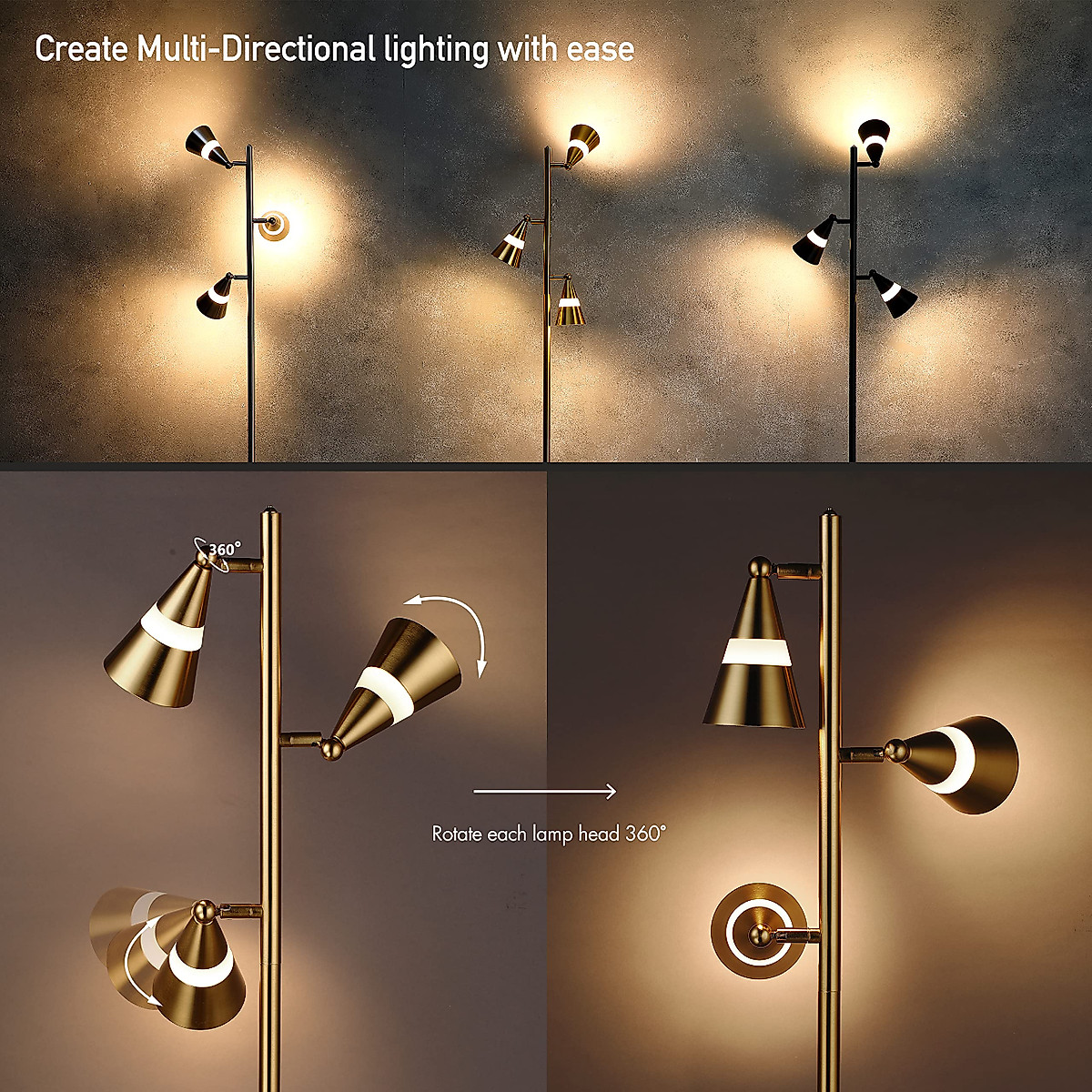 O’Bright Ash - 3-Light LED Tree Floor Lamp, Dimmable 3-Head LED, Multidirectional Standing lamp, Adjustable Multi-Shade, Swivel Cone Floor Lamp for Living Room, Bedroom, Antique Brass