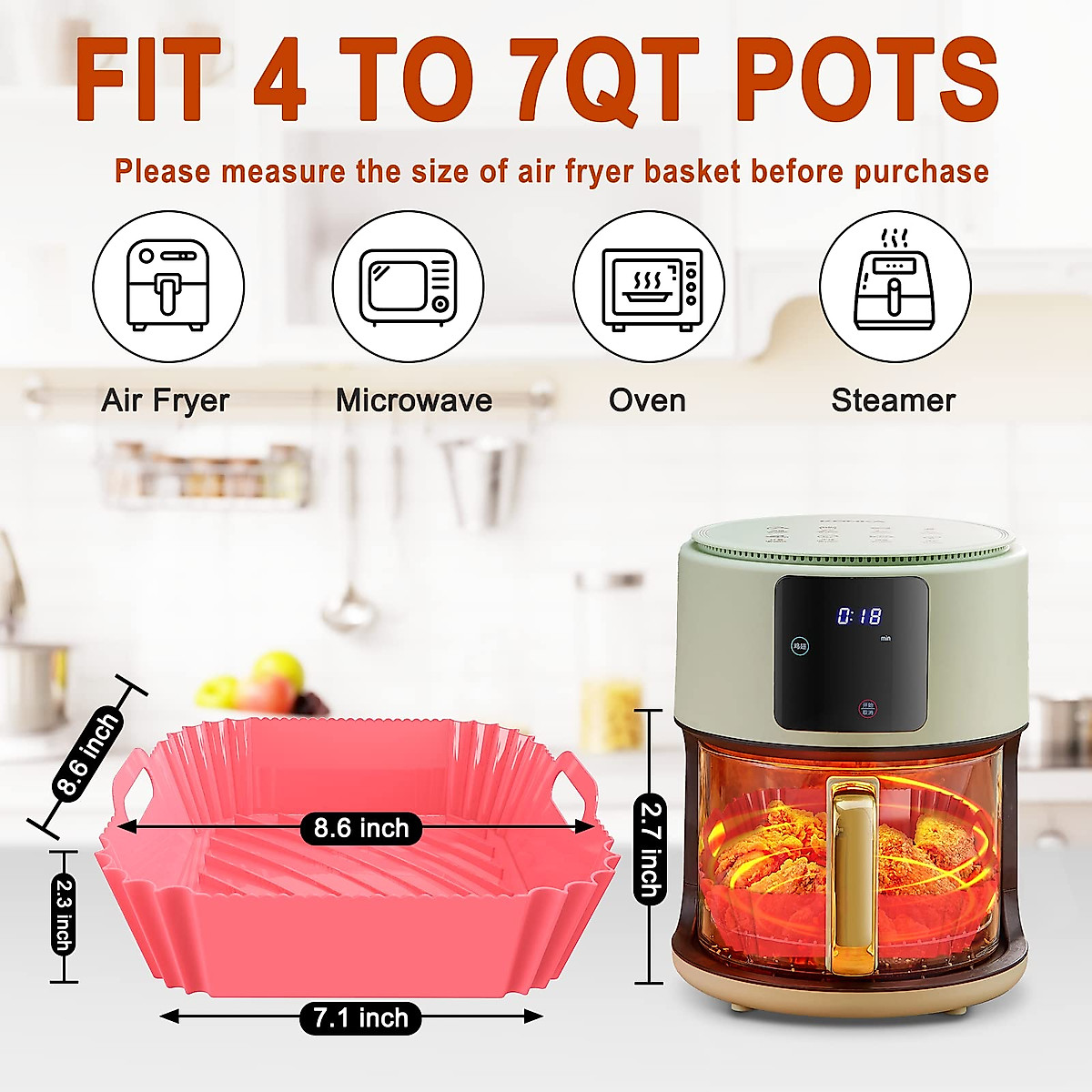 Air Fryer Silicone Liners Square 2 Pack 8.6 Inch Airfryer Liners 4-7 QT Reusable Air Fryer Liners Silicone Pot Oven Liner Baking Tray, Air Fryer Basket Silicone Mat Bowl Air Fryer Accessories Kitchen