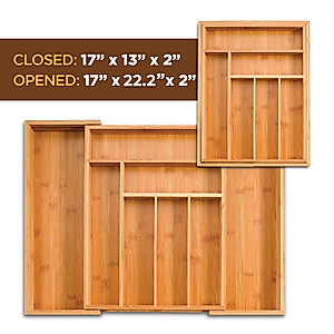 Expandable Bamboo Silverware Organizer - Kitchen Drawer Organizer, Utensil Holder - Drawer Organization and Storage in Kitchen, Bathroom or Bedroom, 17” Long, Adjustable from 13” - 22.2” Wide, 2” Deep