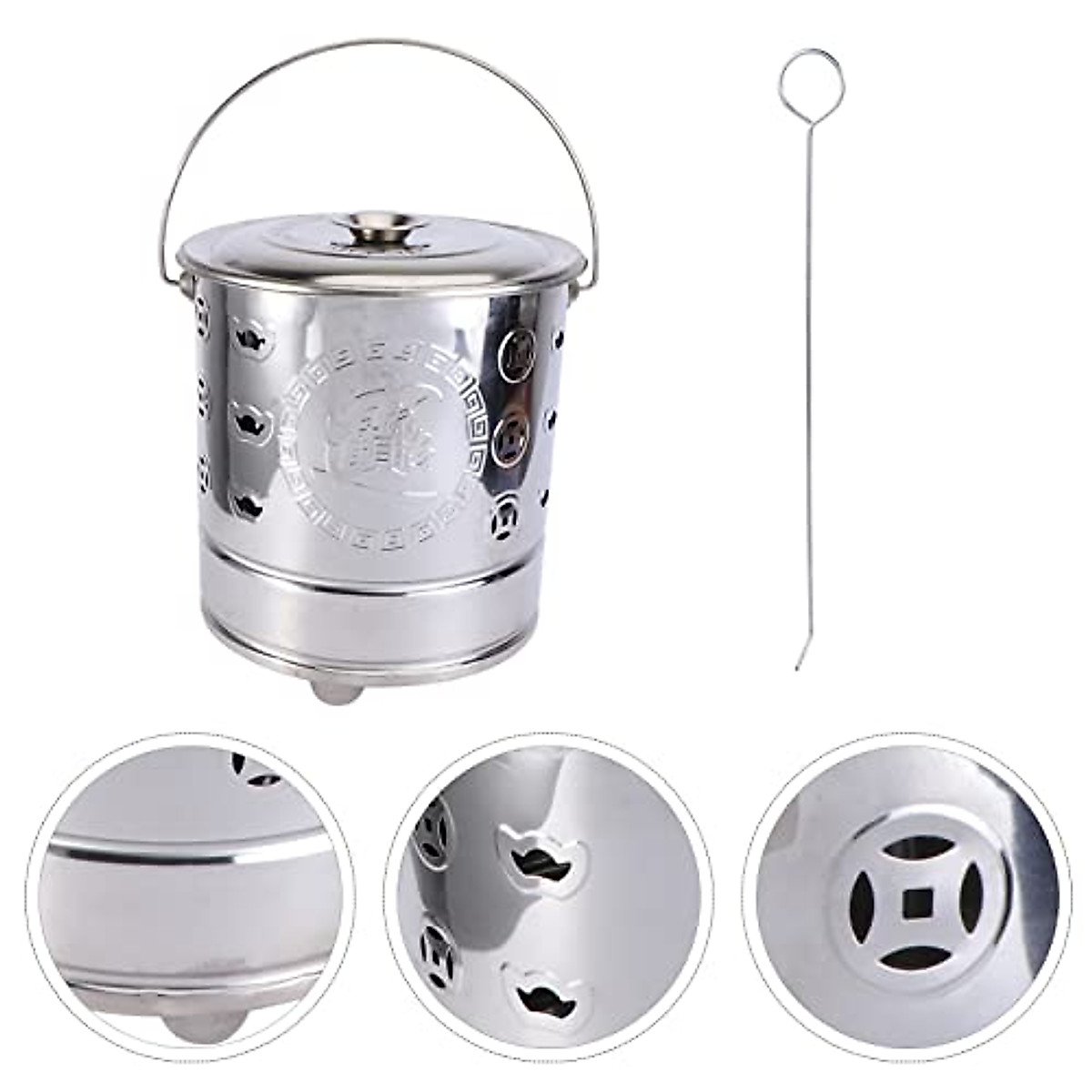 Housoutil 1PC Stainless Steel Paper Burn Barrel with Hook, Burn Barrel Incinerator Cage Can with Lid, Joss Paper Money Incinerator Can for Garden Paper Leaf Trash Backyard Bonfire 10.81x9.04in.