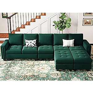 Belffin Large Velvet L Shaped Sectional Sofa Couch with Reversible Double Chaises Modular Sectional Sofa Couch with Storage Ottomans Convertible Sectional Sofa Green