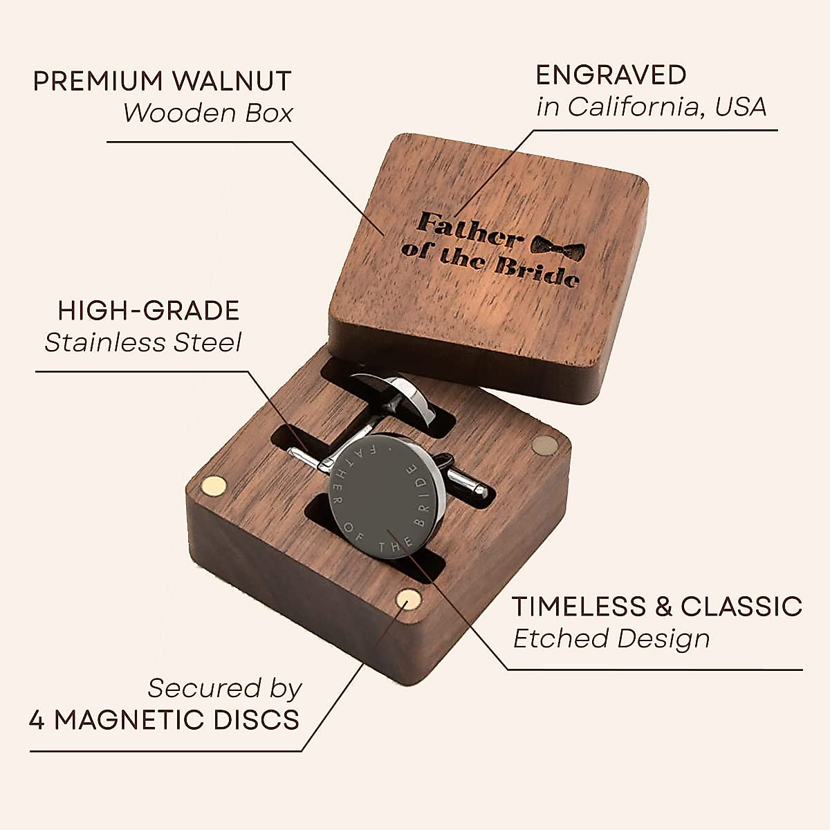 MUUJEE Cufflinks with Engraved Wood Gift Box - Father Of The Bride Gift on Wedding Day Marriage Ceremony for Dad FIL from Daughter Son In Law, Tuxedo Dress Shirt Studs Accessory, Meaningful Keepsake