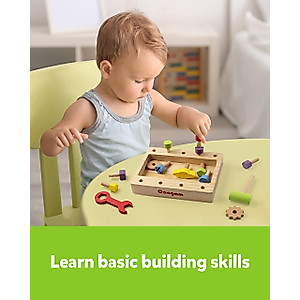 Coogam Wooden Tool Box, Toddler Fine Motor Skill Construction Building STEM Toy Set Nuts and Bolts Screw Driver Toolbox Kit Montessori Educational Gift for Preschool Year Old Kids