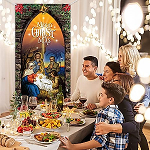 Tatuo Christmas Decoration Outdoor Christmas Religious Door Cover Holy Nativity Front Door Hanging Backdrop Christmas Photography Background for Winter Xmas House Church Party Supplies, 70 x 35 Inch