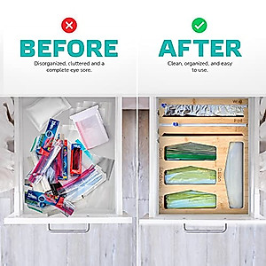 Bamboo Ziplock Bag Organizer for Drawer- 2 in1 Ziplock Bag Storage Organizer with Foil and Plastic Wrap Organizer- Ziplock Bags Organizer Compatible with Gallon, Quart, Sandwich, and Snack Bags