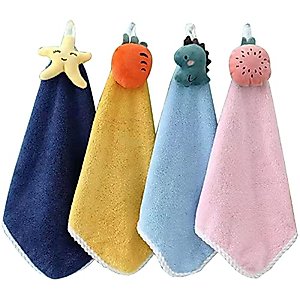 FZBNSRKO Hand Towel for Kids,4 Pack Hanging Towel Cartoon Pure Cotton Coral Fleece Cloth Double-Sided Water Absorption Hanging Kitchen Towel(Random Color)