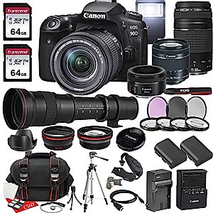 Canon EOS 90D DSLR Camera w/EF-S 18-55mm F/4-5.6 Zoom is STM + 75-300mm F/4-5.6 III + EF 50mm f/1.8 STM Lenses + 420-800mm f/8.3 Lens for T Mount +2X 64GB Memory+Hood+Case+Filters+More (35pc Bundle)