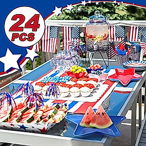 24 Pcs Patriotic Star Shaped Plates 4th of July Dessert Plate Red White Blue Reusable Plastic Snack Tray Platter for Cookies Chips Independence Day Memorial Day Veterans Day Party Supplies, 11 Inch
