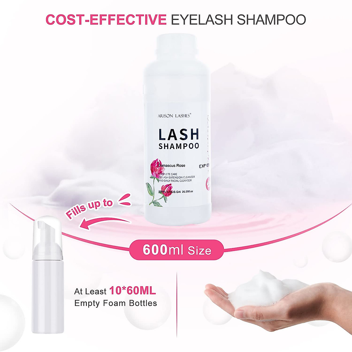 Arison Eyelash Eyelash Extension Shampoo 600ml / Eyelid Foaming Cleanser/Wash for Extensions and Natural Lashes/Paraben & Sulfate Free Safe Makeup & / Professional & Self Use (Rose)