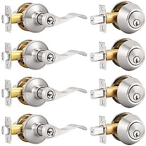 Probrico 4 Pack Keyed Alike Entry Handlset with Single Cylinder Deadbolts Combo Pack, Satin Nickel Door Lever for Front and Entrance Door, Interior and Exterior Entry Door Knobs Brushed Nickel