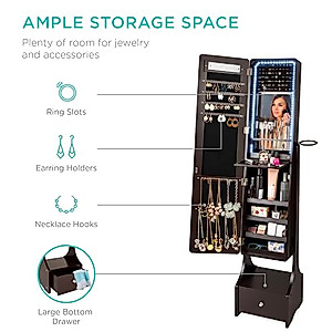 Best Choice Products Standing Full Length LED Mirror Jewelry Makeup Storage Organizer Cabinet Armoire w/Interior & Exterior Lights, Touchscreen, Pop-Up Shelf, Velvet Lining, 4 Compartments, Drawer