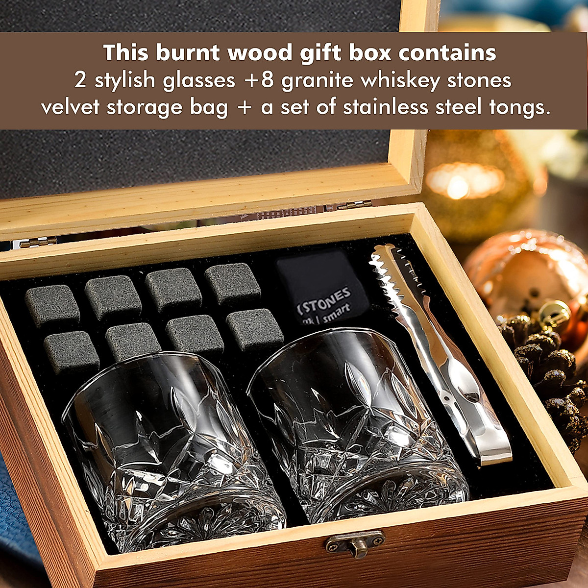Whiskey Set Gifts for Men,Whiskey Stones & Whiskey Glasses Set of 2, Whisky Rocks Anniversary Best Groomsmen Dad Birthday Valentines Day Gifts Ideas for Him Mens Male Friends Wedding Husband Brother