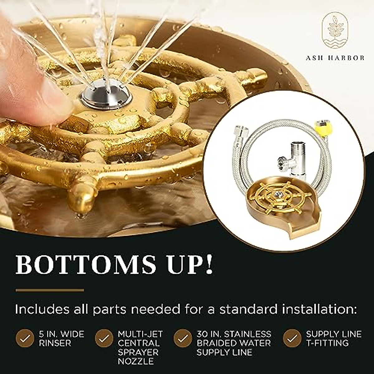 Solid Brass Glass Rinser for Kitchen Sink – Efficient, High-Pressure Cup Washer for Sink attachment – No Rust – 5 In. Wide Glass Cup Cleaner for Sink with all Glass Washer Install Parts by Ash Harbor