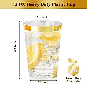 Nervure 120PCS Gold Rim Plastic Cups - 12oz Heavy Duty Plastic Cups - Fancy Clear Disposable Cups with Gold Rimmed for Wedding, Birthday, Party
