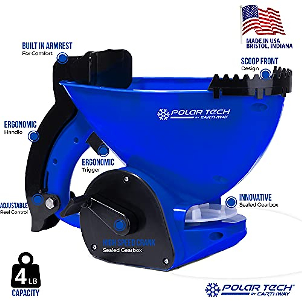 EarthWay Polar Tech 96014 Ergonomic Hand Spreader with Built-in Ergonomic Armrest and Trigger for Comfort and Adjustable Reel Control and Sealed Gearbox and High-Speed Crank