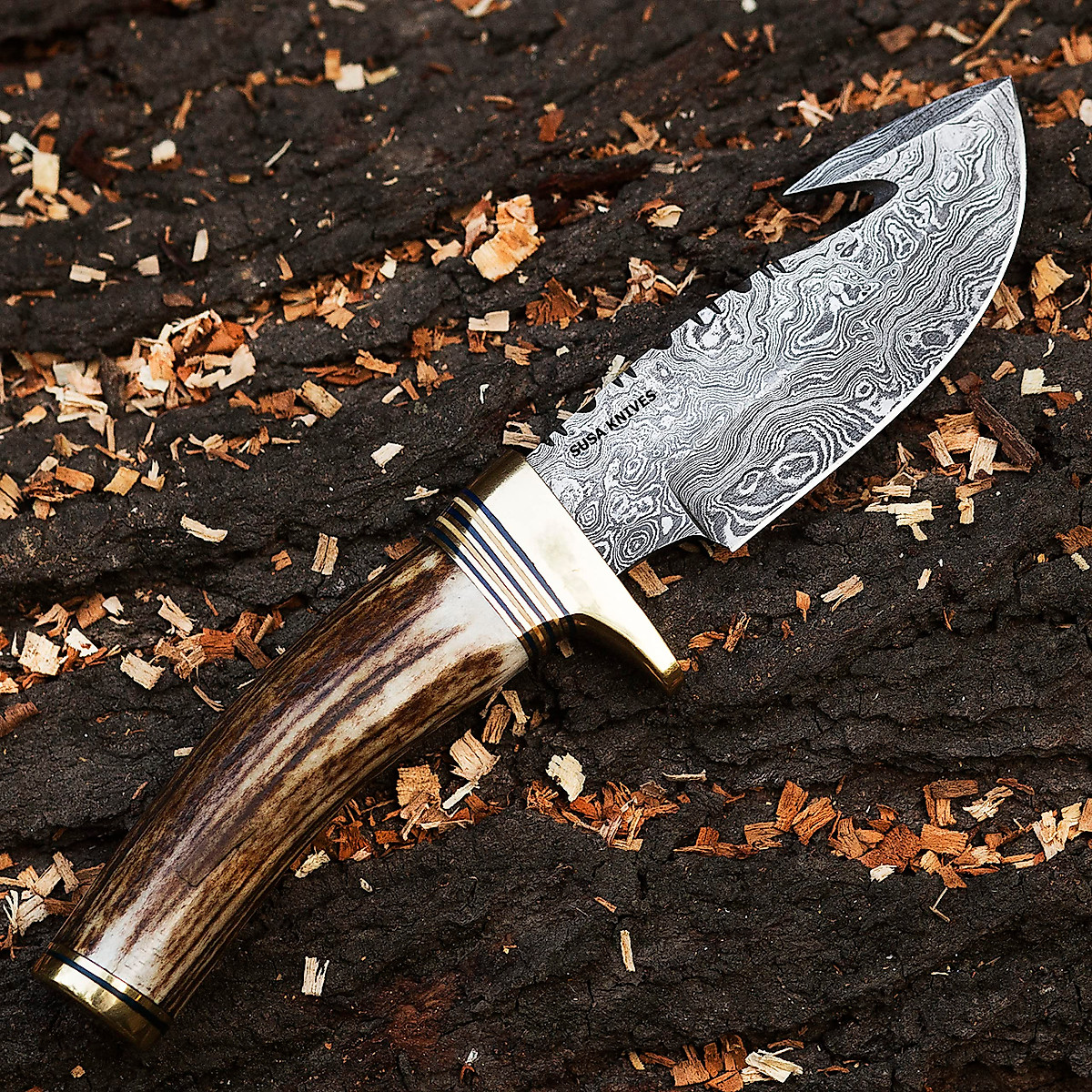 SUSA KNIVES Damascus Steel Gut Hook Hunting Knife Fixed Blade STAG Horn Handle EDC Survival Knife for Men - Fixed Blade
