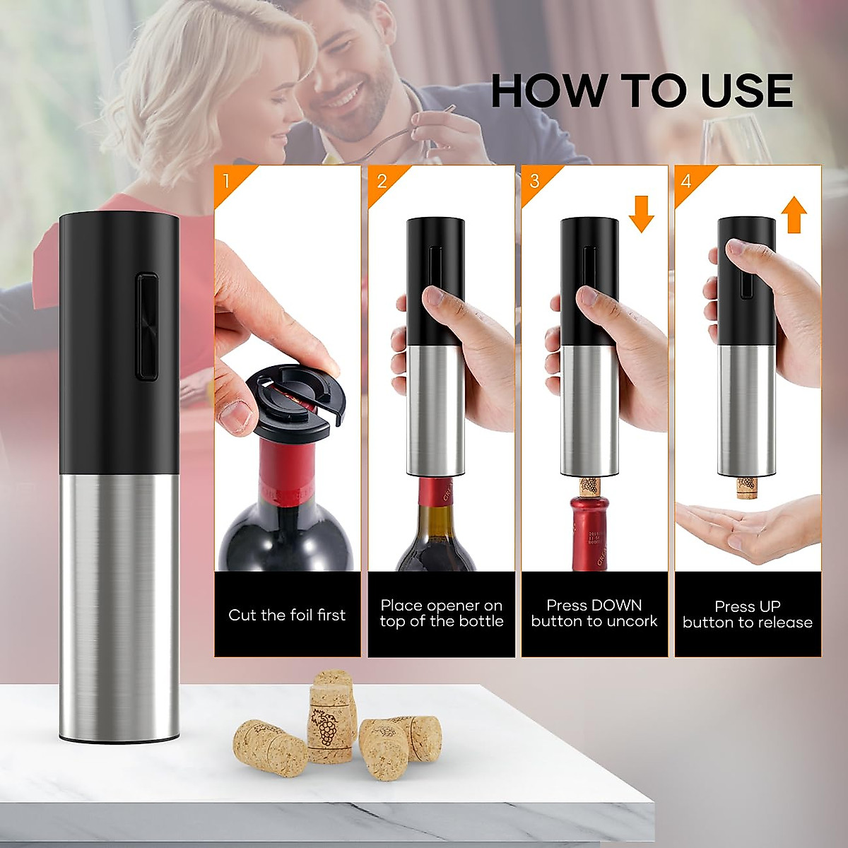 Electric Wine Bottle Opener Rechargeable, Assark Cordless Automotic Electric Corkscrew Wine Opener with Foil Cutter,Wine Pourer and Vacumm,One-click Button Reusable Wine Opener, For Festival Party