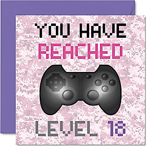 Stuff4 18th Gamer Birthday Card - You Have Reached Level 18 - Women Birthday Cards, Age 18 Eighteen Eighteenth Games Birthday Greeting Cards, Video Game Gaming Daughter Mom Friend Aunt 5.7 x 5.7 Inch