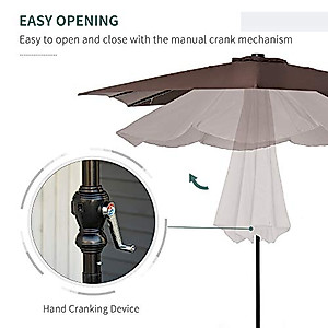 Outsunny 9' x 7' Patio Umbrella Outdoor Table Market Umbrella with Crank, Solar LED Lights, 45° Tilt, Push-Button Operation, for Deck, Backyard, Pool and Lawn, Brown