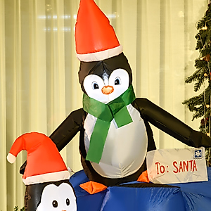 HOMCOM 6ft Christmas Inflatables Outdoor Decorations North Pole Mailbox with Penguins and Snowman, Blow-Up Yard Christmas Decor with LED Lights Display