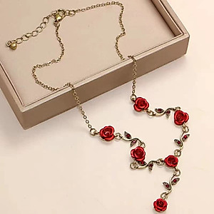 ALAIX 14K Gold Plated Necklaces for Women Dainty Long Rose Pendant Gold Necklace for Girls Vintage Red Flower Women' Necklace