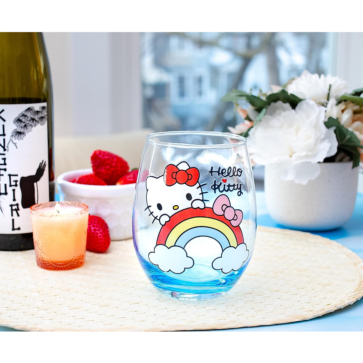 Toynk Sanrio Hello Kitty Rainbow Peek Stemless Wine Glass, Tumbler Cup For Cocktails | Holds 20 Ounces