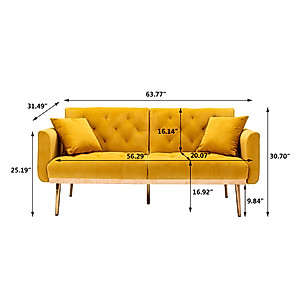 63“Accent Sofa, Mid Century Modern Velvet Fabric Couch,Convertible Futon Sofa Bed,Recliner Couch Accent Sofa Loveseat Sofa with Gold Metal Feet (Mango Color)