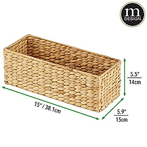 mDesign Woven Hyacinth Narrow Bathroom Toilet Roll Holder Storage Organizer Basket Bin - Rectangle Containers for Bathroom, Toilet Tank - Hold 3 Rolls of Toilet Paper - Natural/Tan