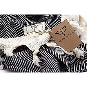 SMYRNA TURKISH COTTON Herringbone Series Hand Towels-Set of 2|16 x 40 in|100% Turkish Cotton|Large, Soft Hand and Head Towels for Bathroom, Kitchen|Don't Shrink|Premium Luxury - Black