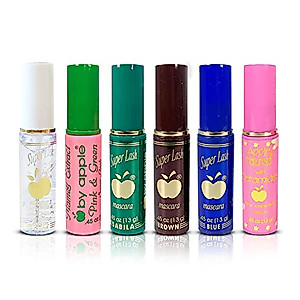 DEALPLUSDEAL APPLE Super Lash Mascara Promote Growth Natural Volume Full Lashes Length Intense Long Lasting Volumizing Lengthening Eye Makeup 5 Pcs, 3 Black + 1 Blue + 1 Brown + 1 Clear, 0.4586 Ounce