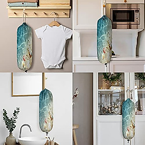 Beach Theme Starfish Coral Seashell Plastic Bag Holder, Wall Mount Grocery Bag Holder Washable Plastic Bag Dispenser Garbage Bag Organizer for Home Kitchen Decor, Gifts for Women Mom Family Friends