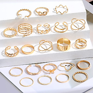 Uarein 22Pcs Gold Boho Stackable Knuckle Rings Set - Heart, Pearl, Butterfly, Vintage, Adjustable Statement Rings - Jewelry Gifts (A)