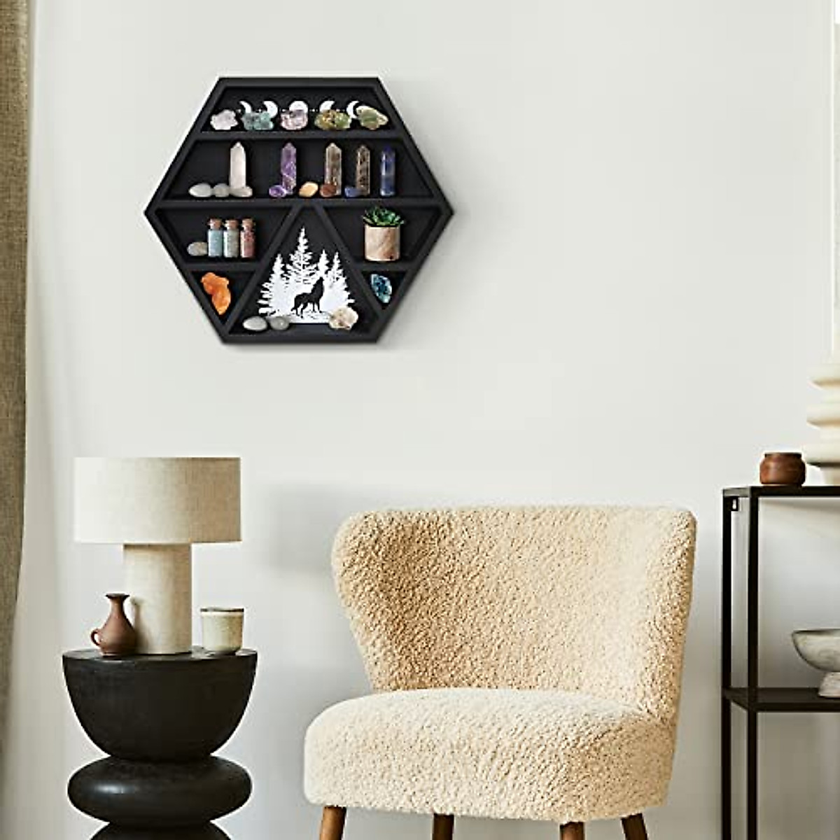 Unistyle Crystal Shelf Display Crescent Moon Shelf, Hexagon Crystal Holder for Stones, Essential Oils & Whichy Shelves Wood Crystal Wall Decor, Black Rustic Wooden Display for Boho Meditation Decor