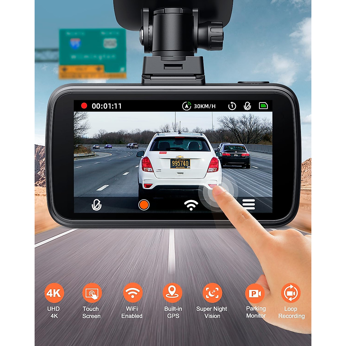 YEECORE D11 Dash Cam Built-in WiFi GPS,4K Touch Screen Camera Recorder with Night Vision, Parking Monitor,G-Sensor，Night Vision Car Camera